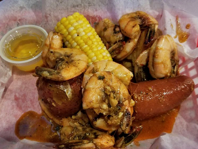 A seafood boil basket that's practically a work of art. The corn, potatoes, and shrimp create a harmony of flavors that sings "This is what happiness tastes like."