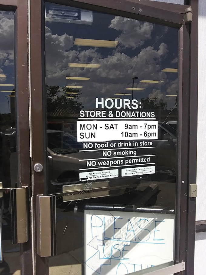 The store hours sign promises seven days of treasure hunting, with rules that keep the experience pleasant for everyone.