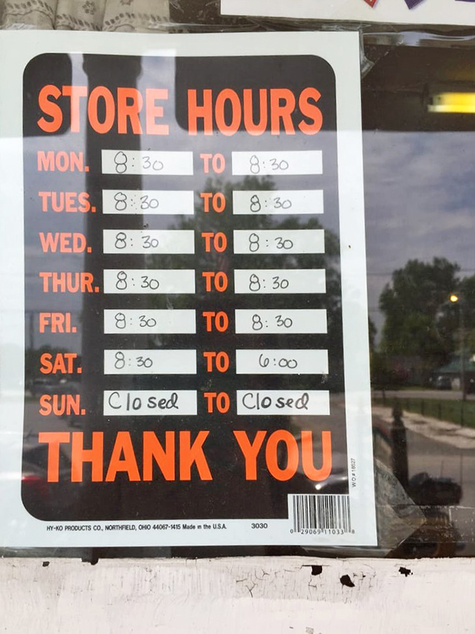 These store hours tell you everything about priorities in Amish Country: open when you need them, closed when everyone should be resting.