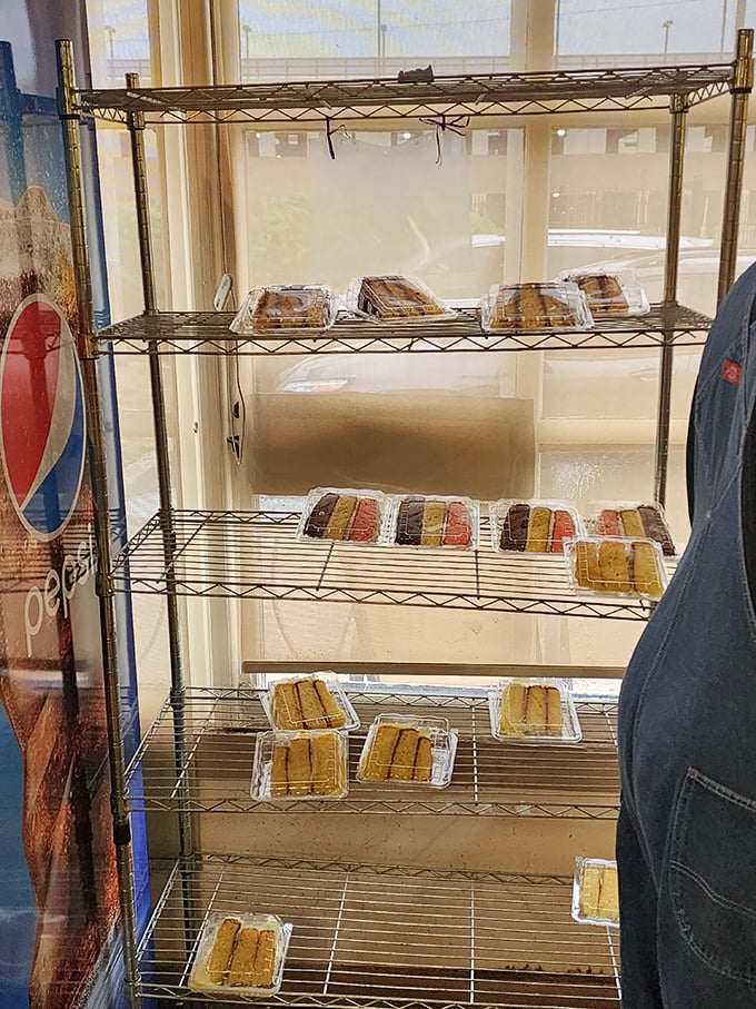 Dessert display or treasure chest? These golden slices of cake wait patiently, knowing you'll cave after that first bite of whiting.