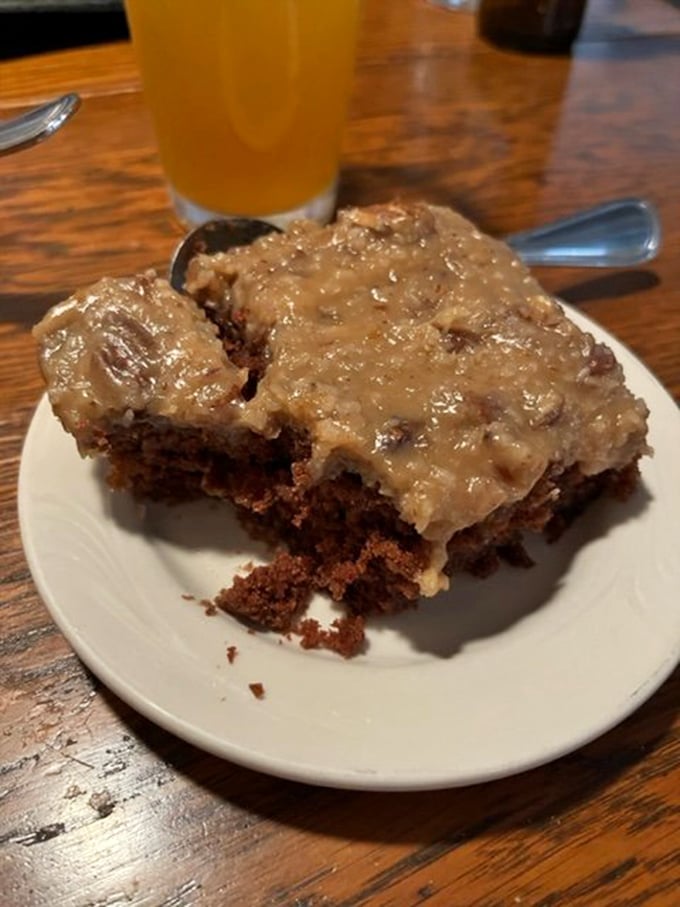 Behold the grand finale: a moist chocolate cake with what appears to be caramel icing that would make even the most disciplined dieter weak in the knees.