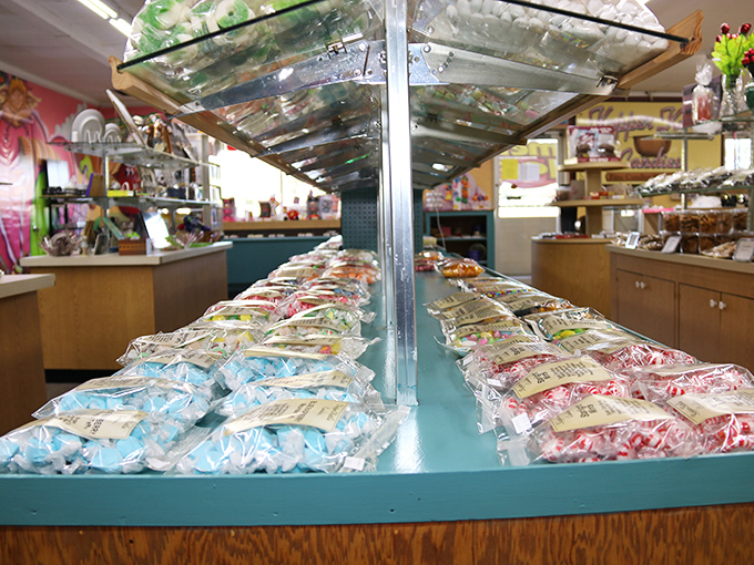 A rainbow of wrapped candies waits like edible jewels, proving that sometimes the best treasures come in cellophane packages.
