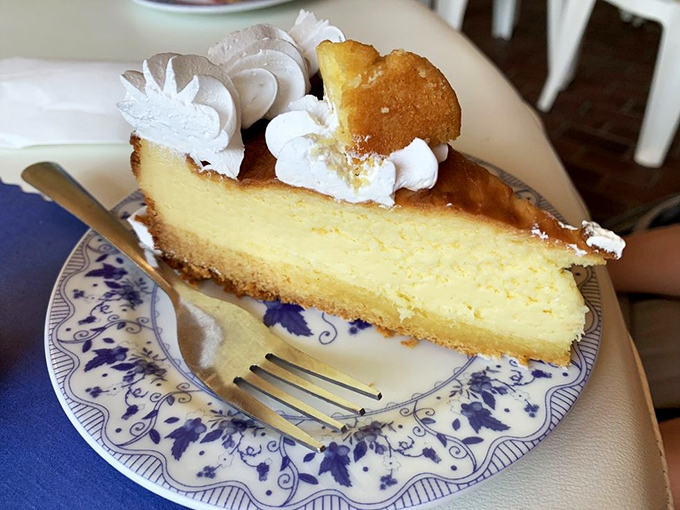 A slice of cheesecake so perfectly golden and creamy it might just make you propose marriage to it. The dollops of whipped cream are just showing off.