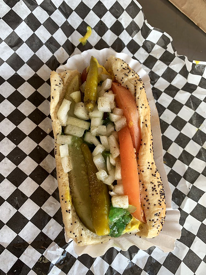 The legendary Chicago dog in all its glory – a study in contrasts with bright yellow mustard, emerald relish, and absolutely zero ketchup, as nature intended.