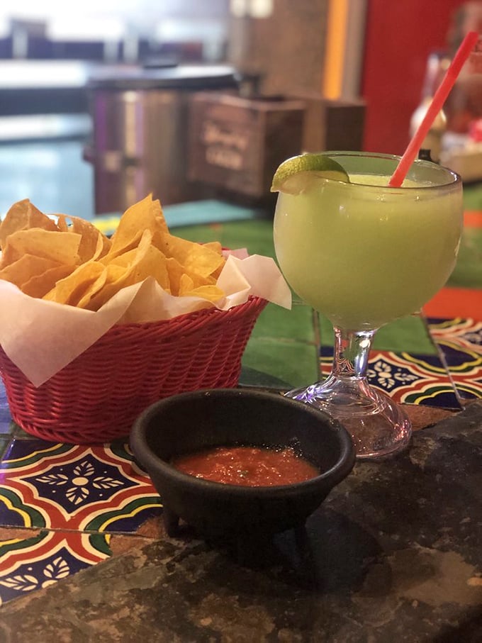 The holy trinity of Mexican dining: fresh chips, vibrant salsa, and a margarita that promises the start of something wonderful.