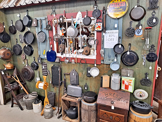 Kitchen history hanging on display. These cast iron pans have cooked more family meals than all the DoorDash deliveries in Virginia combined.