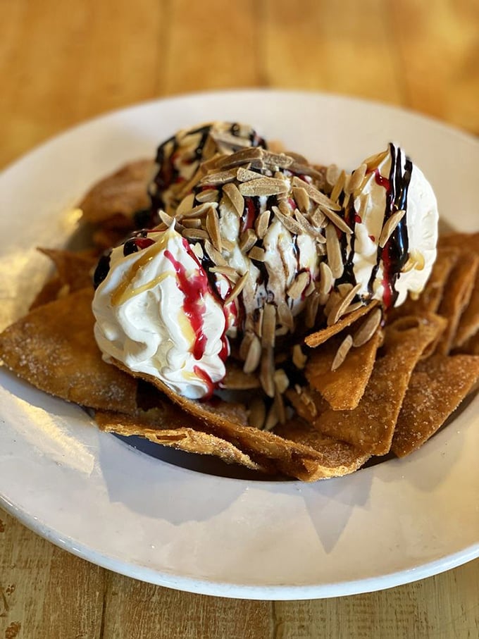 This isn't just dessert, it's the sweet finale to a maritime symphony&mdash;crispy tortilla chips supporting ice cream drizzled with caramel and chocolate. Anchors aweigh!