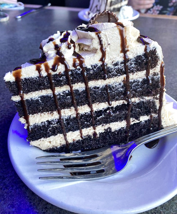 A chocolate cake with more layers than your favorite drama series, drizzled with the kind of chocolate sauce that makes adults sigh audibly.