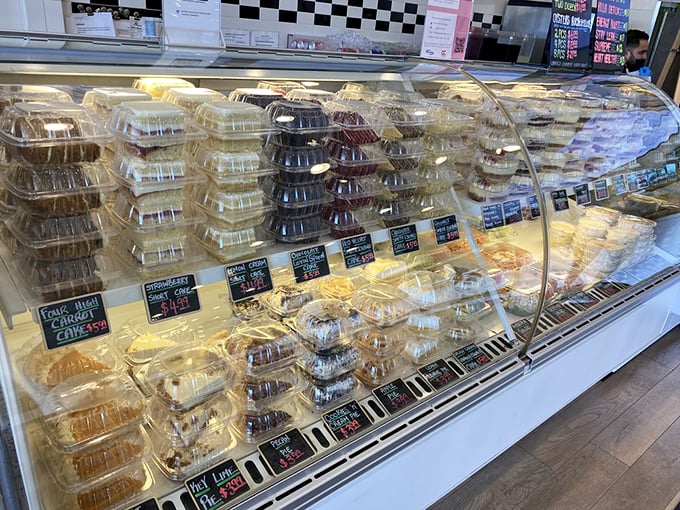 The dessert case reminds us that even after the perfect seafood feast, there's always room for something sweet. Life lessons in pastry form.