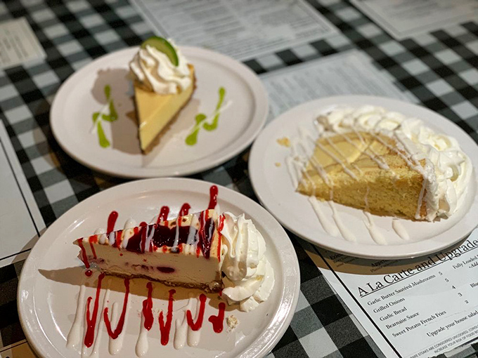 A dessert trio that makes choosing impossible. Key lime, coconut cake, and cheesecake &ndash; the sweet equivalent of rock-paper-scissors where everyone wins.