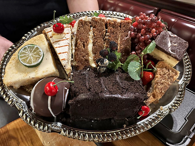 This isn't just a dessert tray&mdash;it's the final temptation, where "I couldn't possibly" transforms into "I'll have the chocolate cake AND the cheesecake."