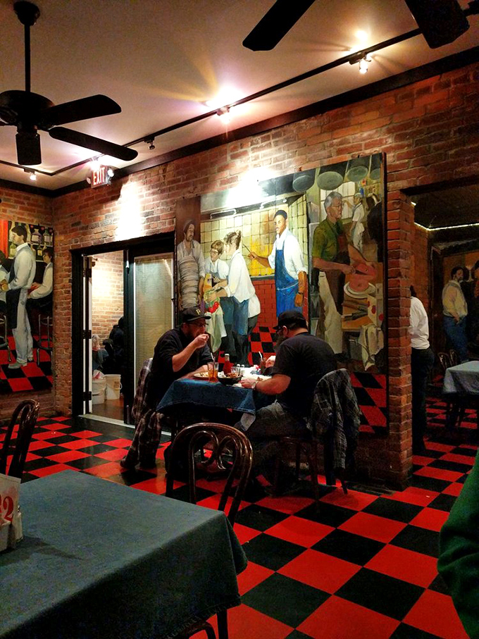 The dining room where strangers become friends over burgers. That mural isn't decoration&mdash;it's documenting a Pittsburgh tradition.