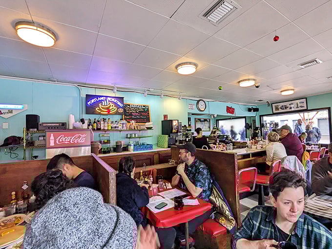 The real Portland experience&mdash;a diverse crowd gathered in a temple of breakfast democracy, where everyone votes yes to another cup of coffee.