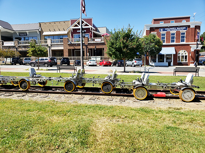 All aboard for adventure! These railway handcars sit ready for action along tracks that have witnessed generations of Blue Ridge history unfolding.
