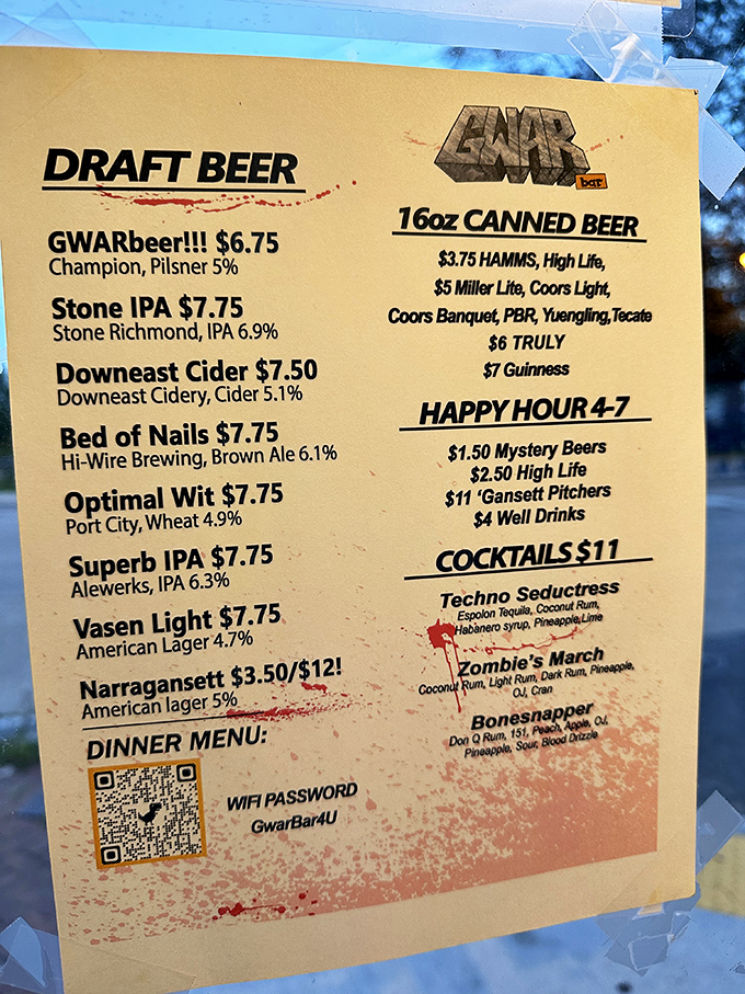 A drink menu where "Mystery Beer" is somehow the least mysterious option available.