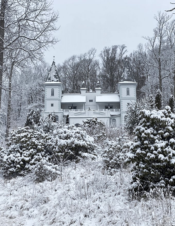Winter transforms Smithmore into a snow-covered fairy tale, its white turrets blending with the snowy landscape like something from a holiday storybook.