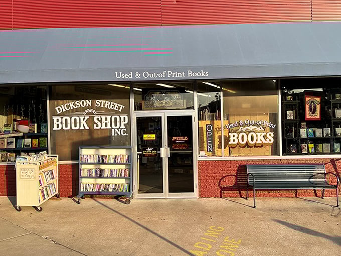 The inviting storefront offers a bench for contemplating your pre-purchase life choices. Will it be mystery, history, or another cookbook you'll never use?