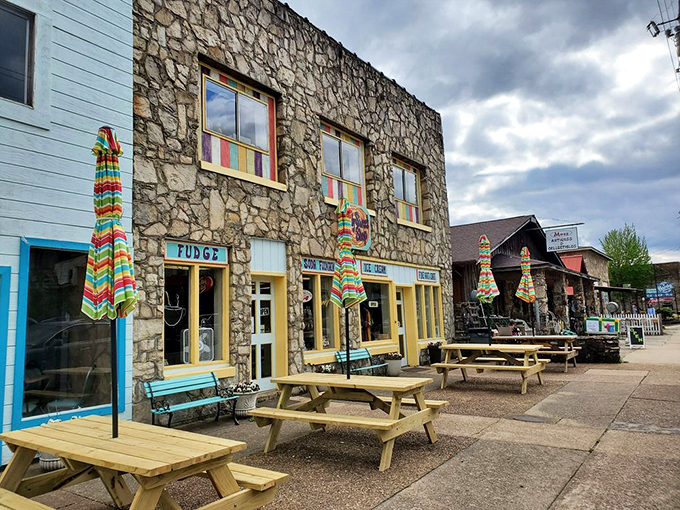 Cheerful picnic tables outside invite patrons to enjoy their treats while contemplating life's biggest question: "Should I go back for seconds?"