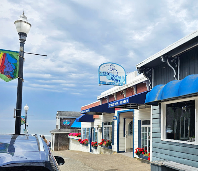 That blue awning signals salvation for hungry travelers. The Chowder Bowl's facade is like a lighthouse for your appetite, guiding you to deliciousness.