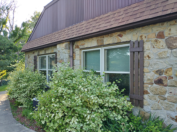 Stone and timber exterior that whispers rather than shouts, "Some of the best food in Indiana happens right through these doors."