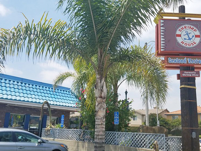 The view that greets hungry seafood seekers. That palm tree isn't just decoration&mdash;it's signaling "tropical flavors ahead" in suburban Arcadia.