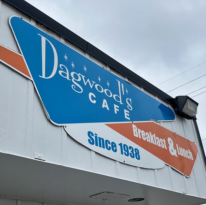 The retro signage announces Dagwood's presence with mid-century flair, a beacon of breakfast hope since Truman was in office.