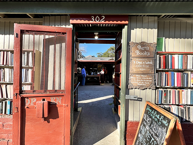 The red screen door marked "302" stands like a portal between ordinary life and literary adventure, with shelves visible before you cross the threshold.