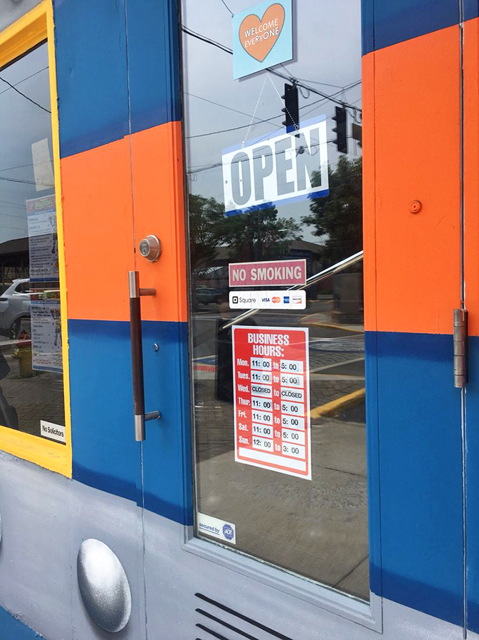 Even the hours sign feels like instructions for operating a time machine. "Closed Wednesday" is just code for "recharging the flavor generators."