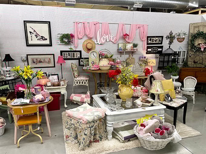 Shabby chic meets cottage core in this dreamy display. Soft pinks, floral patterns, and whimsical accents create a feminine space that's straight out of a vintage lifestyle magazine.