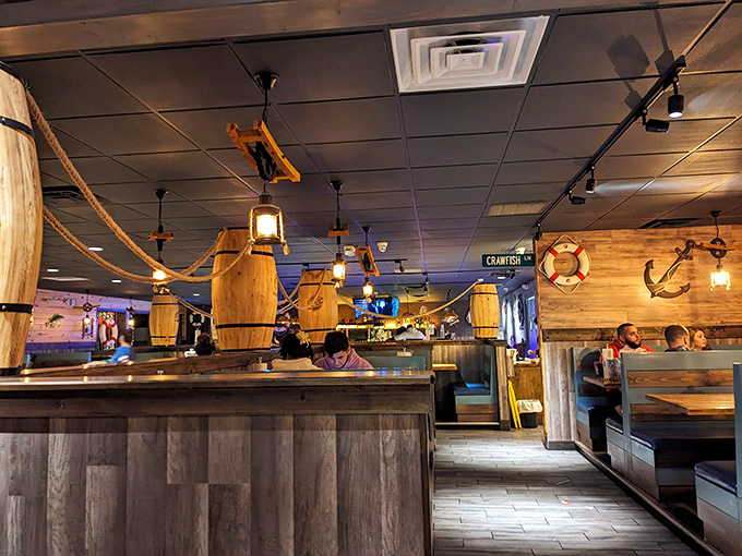 Wooden booths, barrel accents, and rope details create the perfect setting for your seafood escapades. Coastal vibes without the coastal prices.