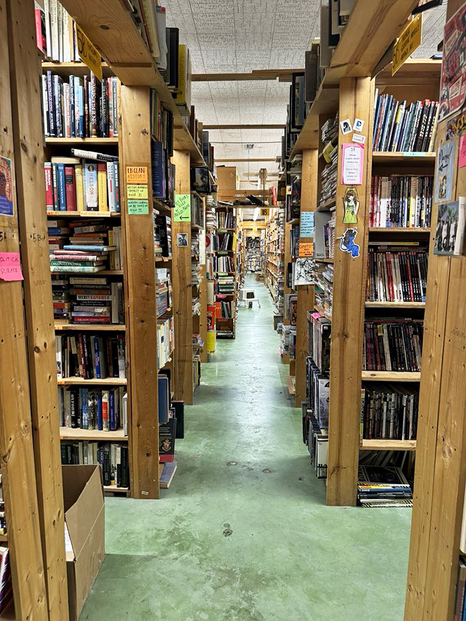 The signature green floors guide adventurous readers through this paper jungle. Every step leads to potential literary love affairs.