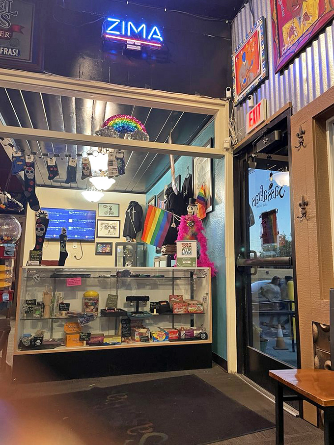 Even the merchandise corner has personality to spare. That rainbow and vintage Zima sign? Pure Nevada quirk that makes you smile while waiting for your table.