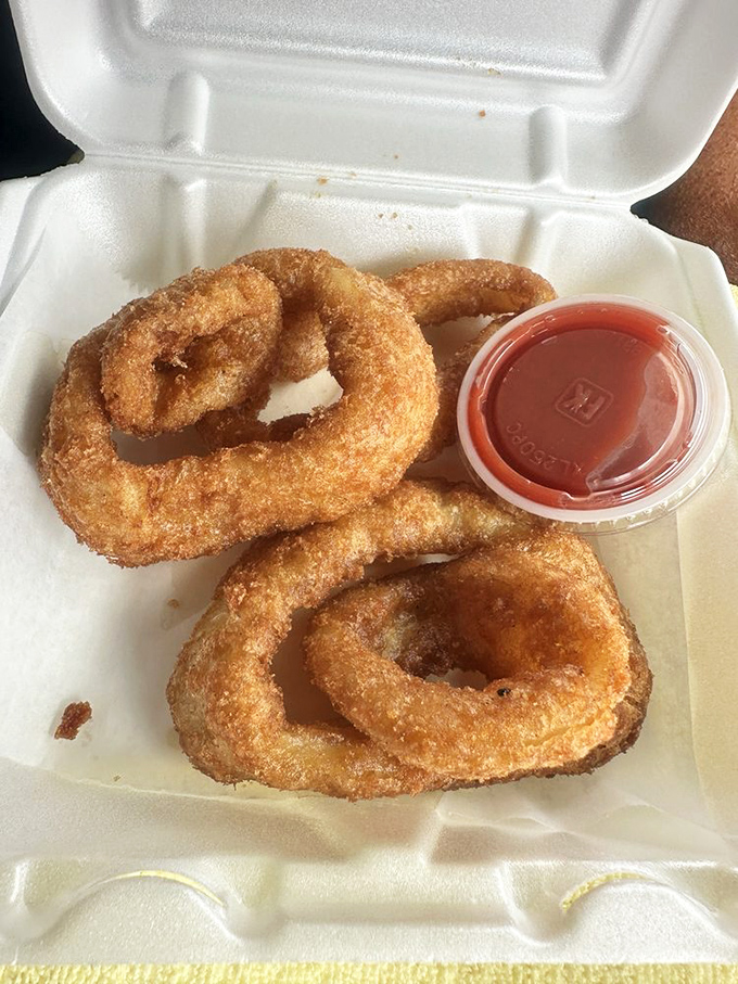 Onion rings with architectural integrity&mdash;crispy, substantial, and requiring their own to-go container. A supporting act that steals the show.