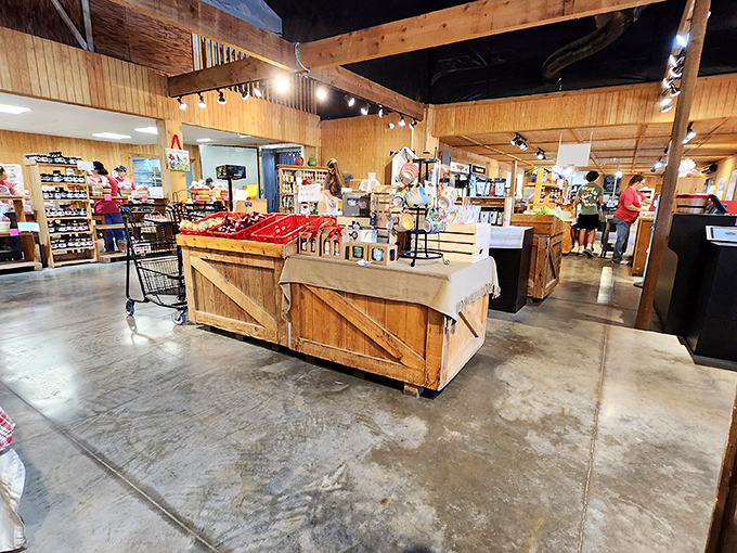 Rustic wooden displays and concrete floors create the perfect backdrop for food shopping as a sport. The hunt for deliciousness is on!