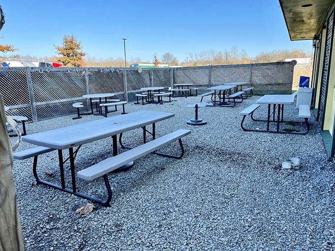 The outdoor seating area waits patiently for warmer days, like a promise that good things&mdash;and good meals&mdash;are worth waiting for.