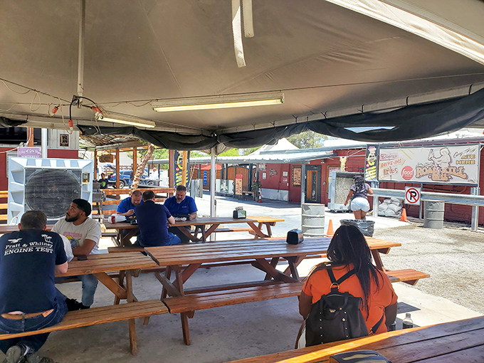 Outdoor picnic tables where strangers become friends, united by the universal language of "mmm" and "pass the napkins, please."