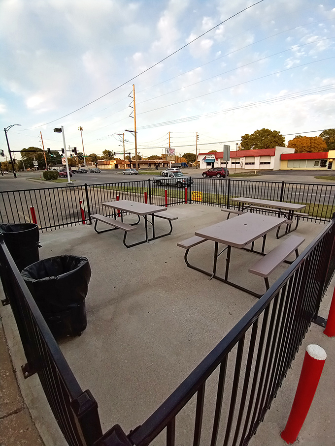 The outdoor seating area offers a no-frills dining experience where the only view that matters is what's on your plate.