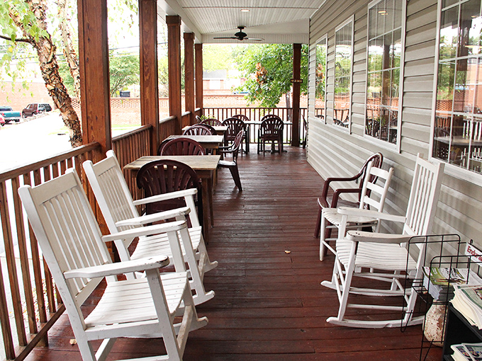 The front porch rocking chairs invite you to digest both your meal and life's simple pleasures.