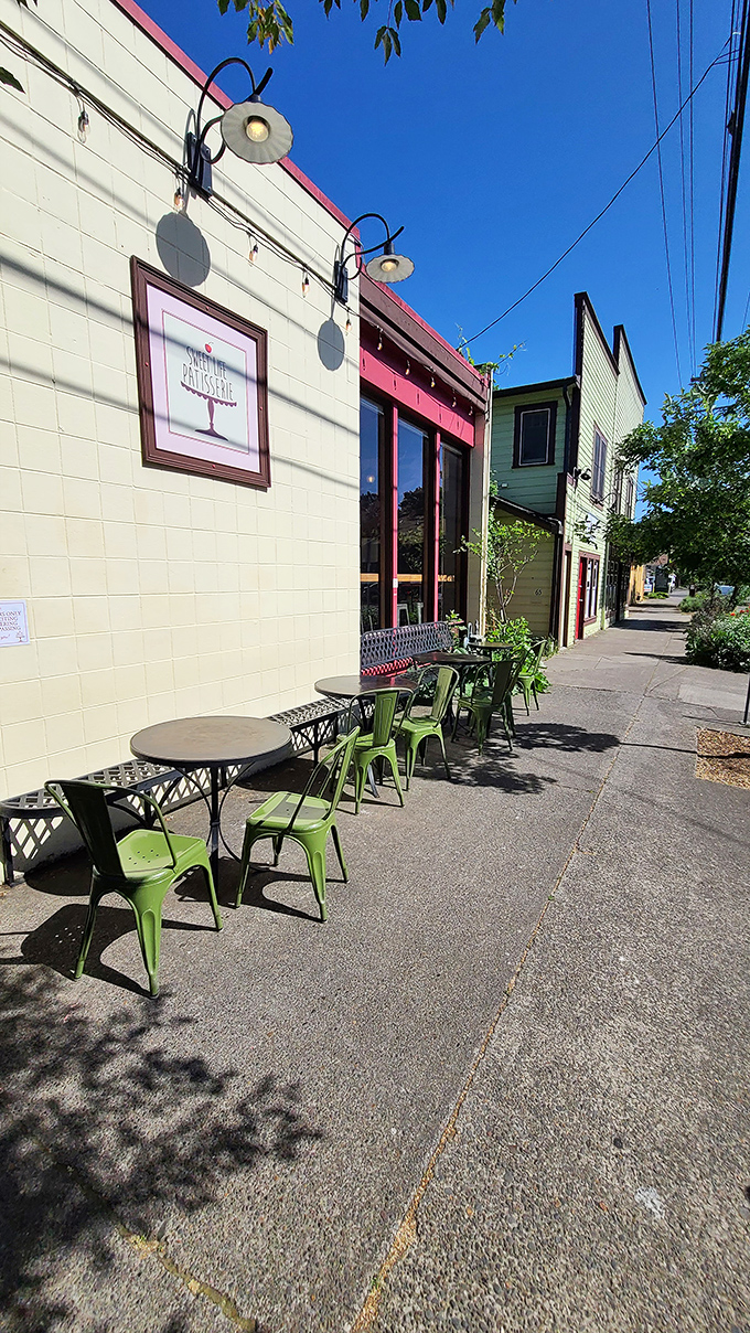 The outdoor seating area—where Eugene's weather occasionally cooperates just long enough for you to enjoy pastry perfection alfresco.