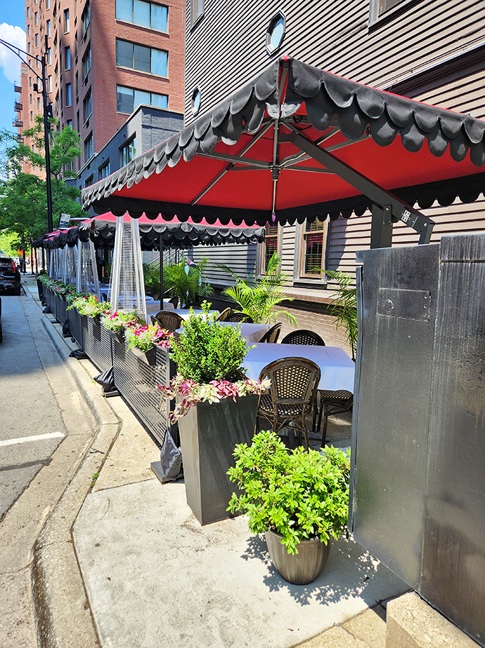 Outdoor dining that brings a touch of European charm to Chicago's concrete landscape. Red umbrellas and greenery create an urban oasis for steak enthusiasts.