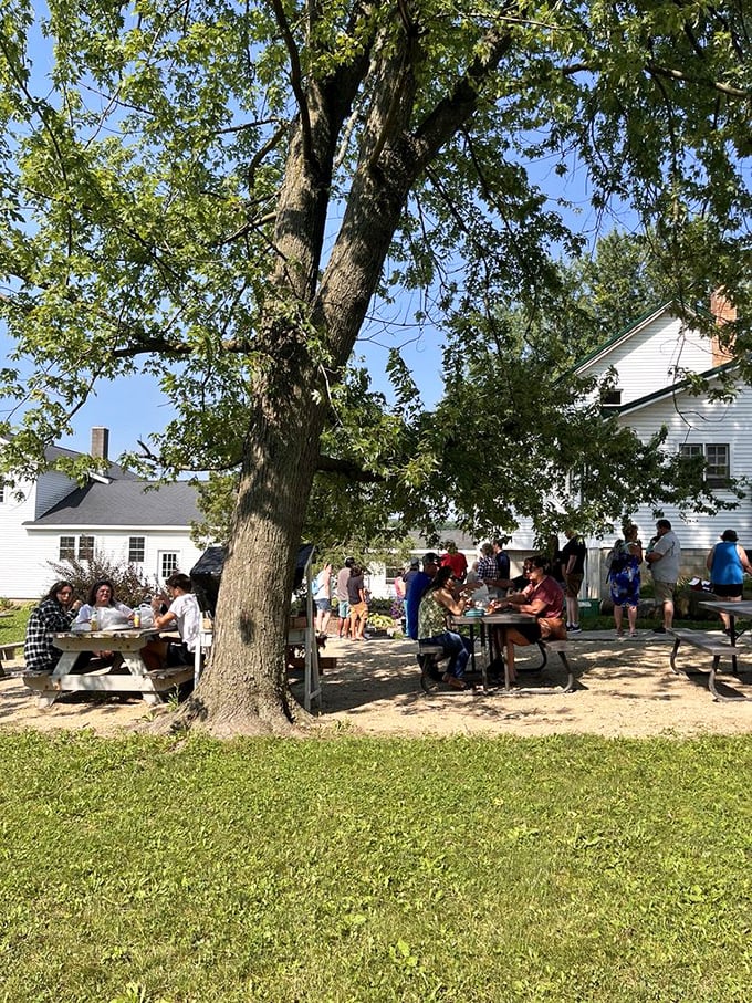 The outdoor seating area where strangers become friends united by the universal language of "mmmmm" and "you've got to try this one."