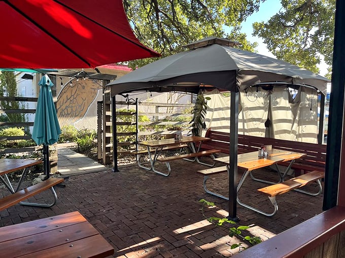 The outdoor patio &ndash; where Austin's perfect weather days are celebrated with equal parts shade, breeze, and the comforting clatter of silverware on plates.
