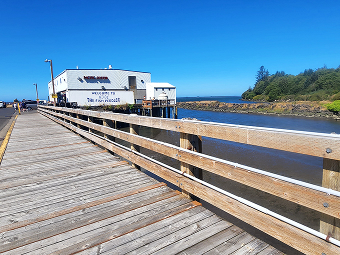 The wooden walkway to seafood paradise&mdash;where the journey itself builds anticipation for the briny delights that await inside.