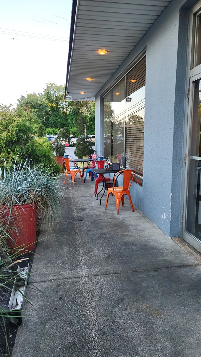 Colorful outdoor seating that says "summer isn't just a season, it's a state of mind"&mdash;especially with crab cakes on the way.