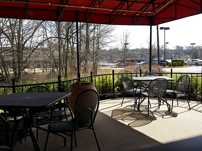 The outdoor patio offers a serene escape for fair-weather dining, where fresh air somehow makes everything taste even better.