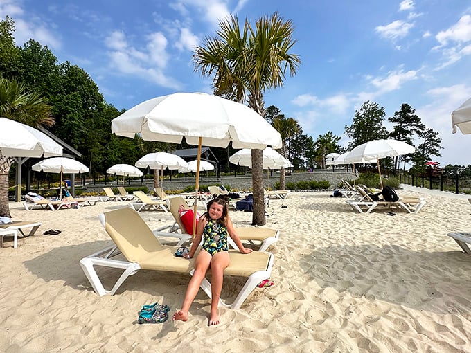 Beach vibes without coastal traffic. This sandy oasis complete with umbrellas offers the perfect spot to recover from inflatable wipeouts or simply soak up Carolina sunshine.