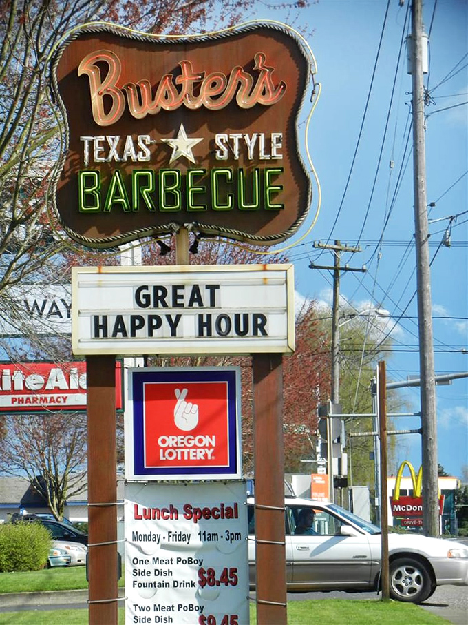 The sign that's launched a thousand detours&mdash;Buster's beacon of barbecue beckons with promises of happy hours and meat-filled bliss.