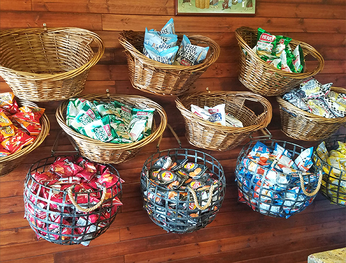 Chip baskets lined up like eager contestants waiting to complement your hot dog experience. Supporting actors who know their role.