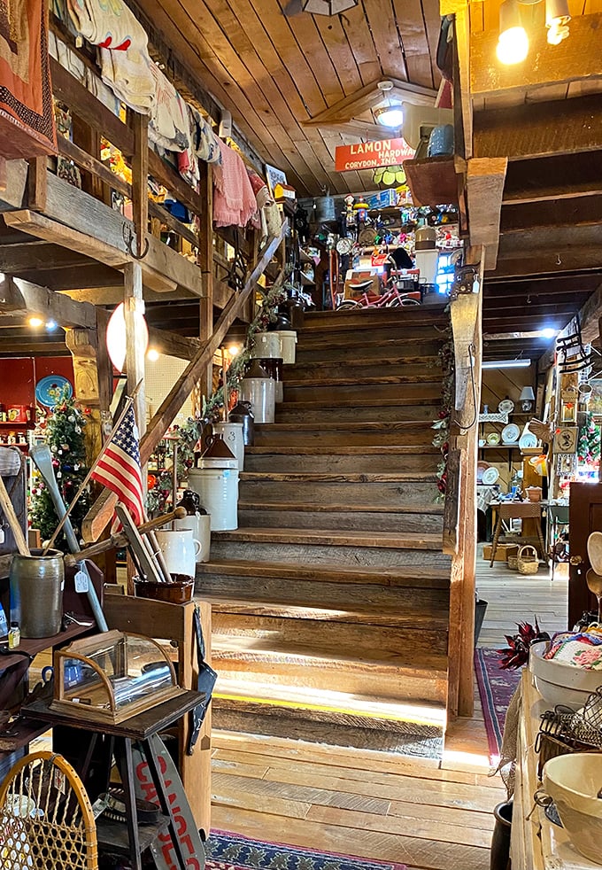 These worn wooden stairs have carried thousands of antiquers to the promised land of the second floor. Follow them.