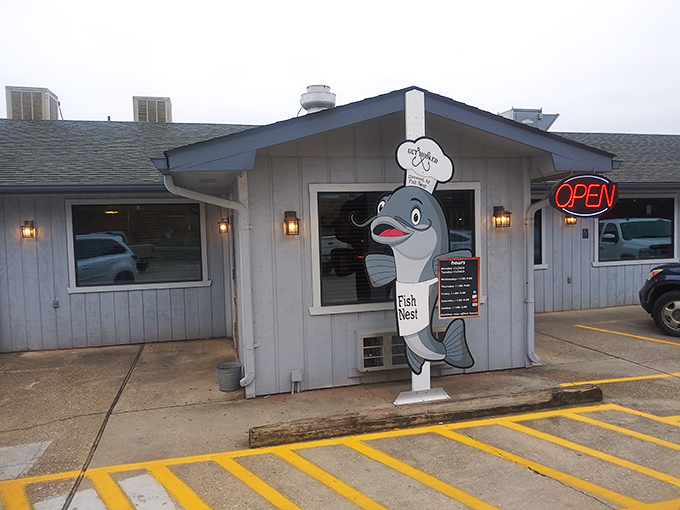Even on cloudy days, the Fish Nest's entrance glows with promise. That neon "OPEN" sign might be the most beautiful word in English.